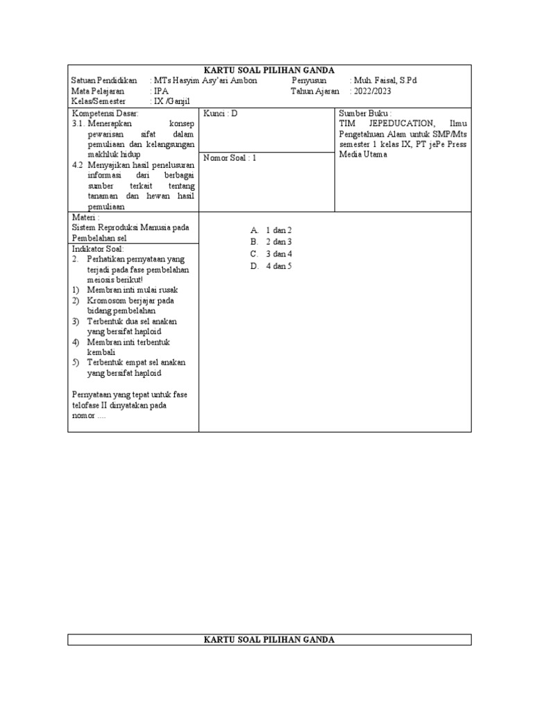 KARTU SOAL PILIHAN GANDA Pas 2223 | PDF