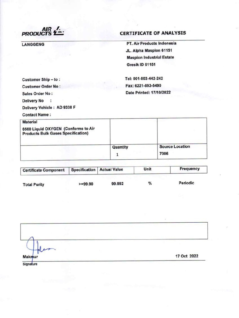 COA Oksigen Cair - Liquid Oxygen | PDF