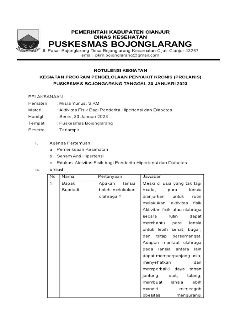 NOTULENSI KEGIATAN Senam Prolanis | PDF