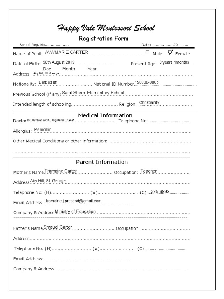 Registration Form - Happy Vale Montessori School Completed PDF | PDF ...