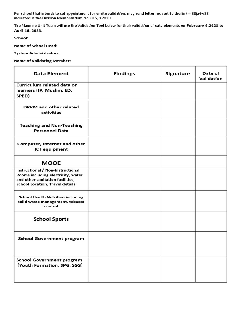 VALIDATION FORM School Profile | PDF