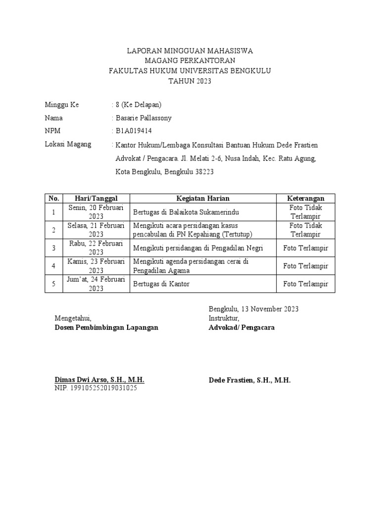 Contoh Laporan Mingguan | PDF