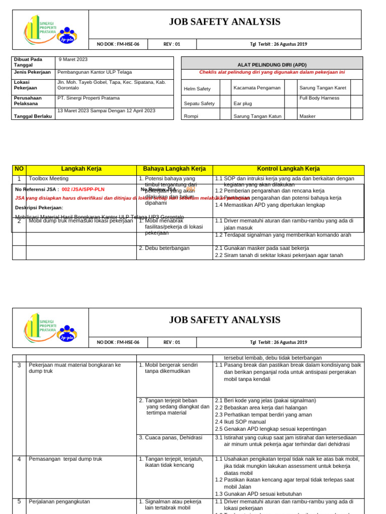 JSA Pekerjaan Mobilisasi | PDF