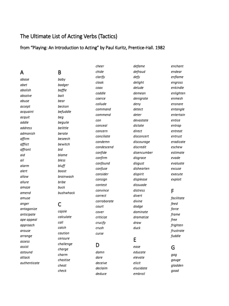The Ultimate List of Acting Verbs | PDF