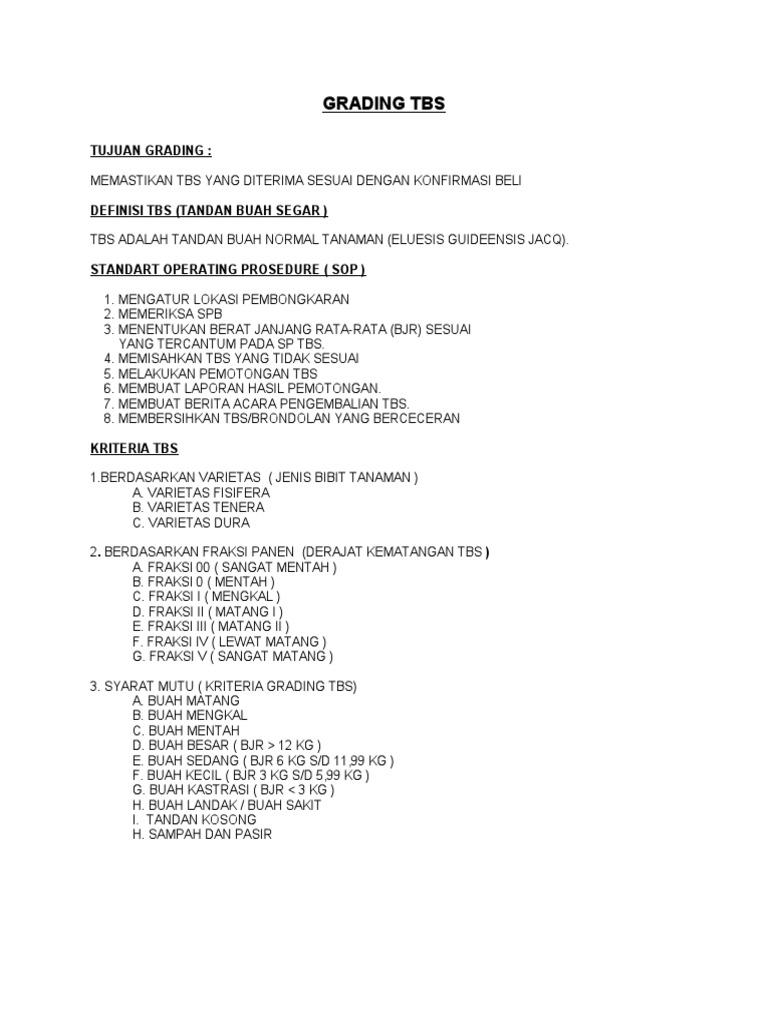 Kriteria dan Prosedur Grading TBS | PDF | Memasak, Makanan, & Anggur ...