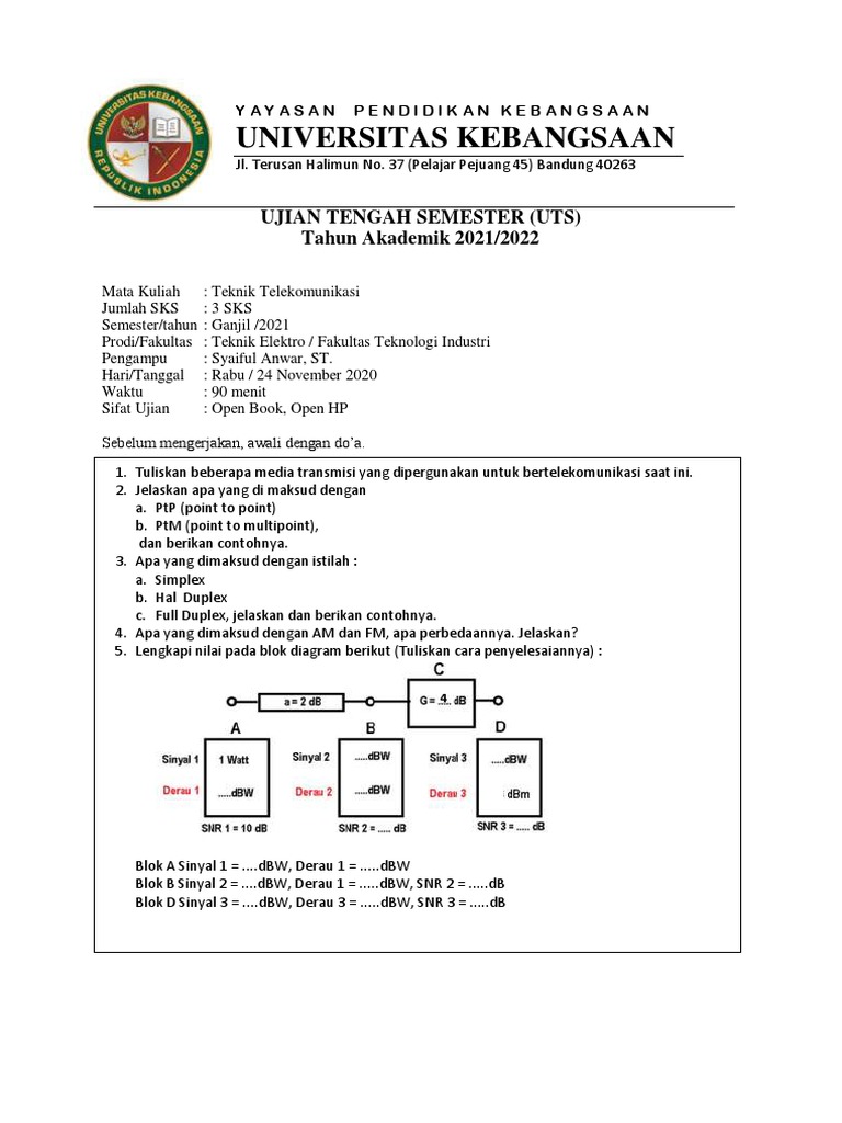 Soal UTS Teknik Telkom 2021-2022 | PDF | Metode & Bahan Ajar | Komputer