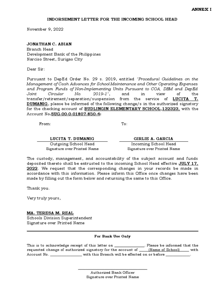 Annex I - Indorsement Letter For The Incoming School Head | PDF