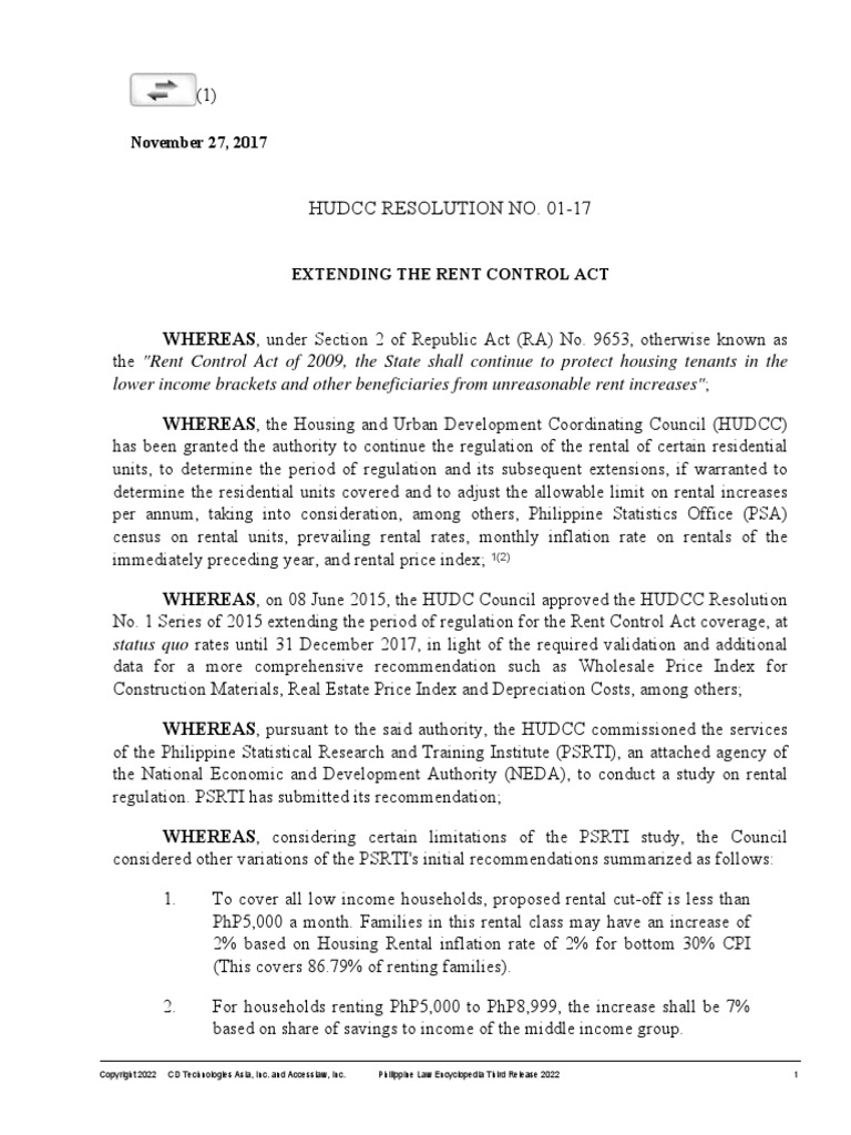 Hudcc Resolution No. 01-17 | PDF | Rent Regulation | Renting