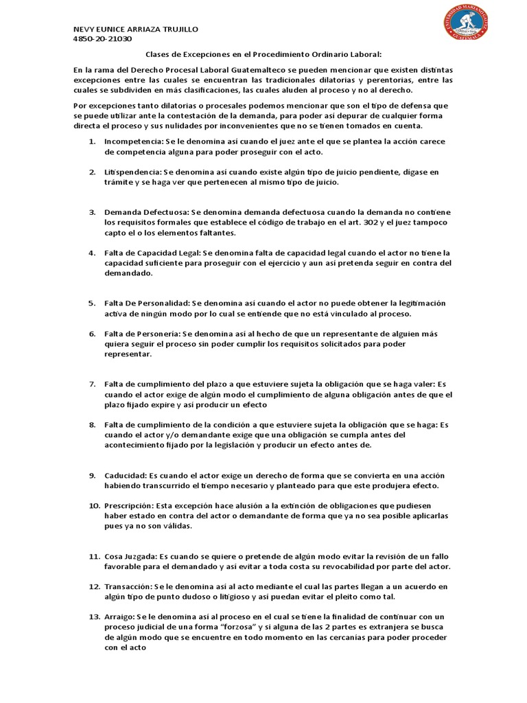 Clases de Excepciones en El Procedimiento Ordinario Laboral | PDF ...