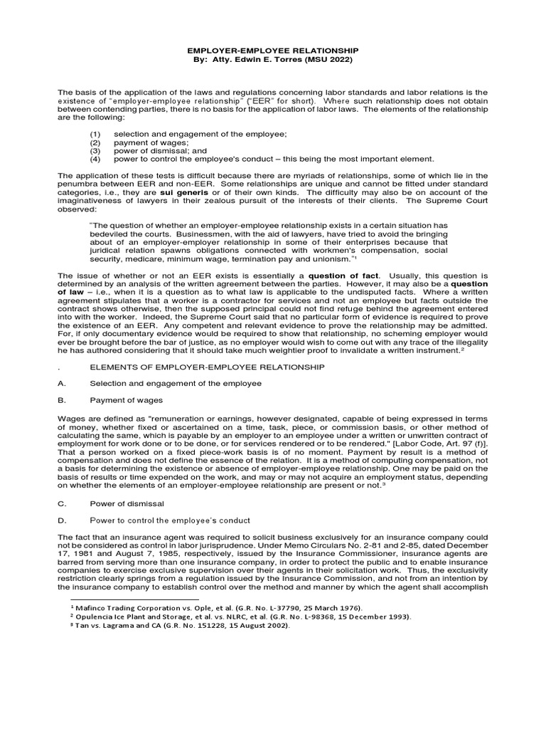 Elements of Employer-Employee Relationship | PDF | Employment | Labour Law