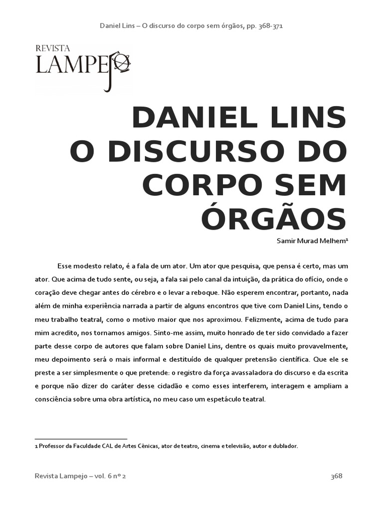 12 - Daniel Lins - o Discurso Do Corpo Sem Órgãos | PDF | Teatro | Experiência