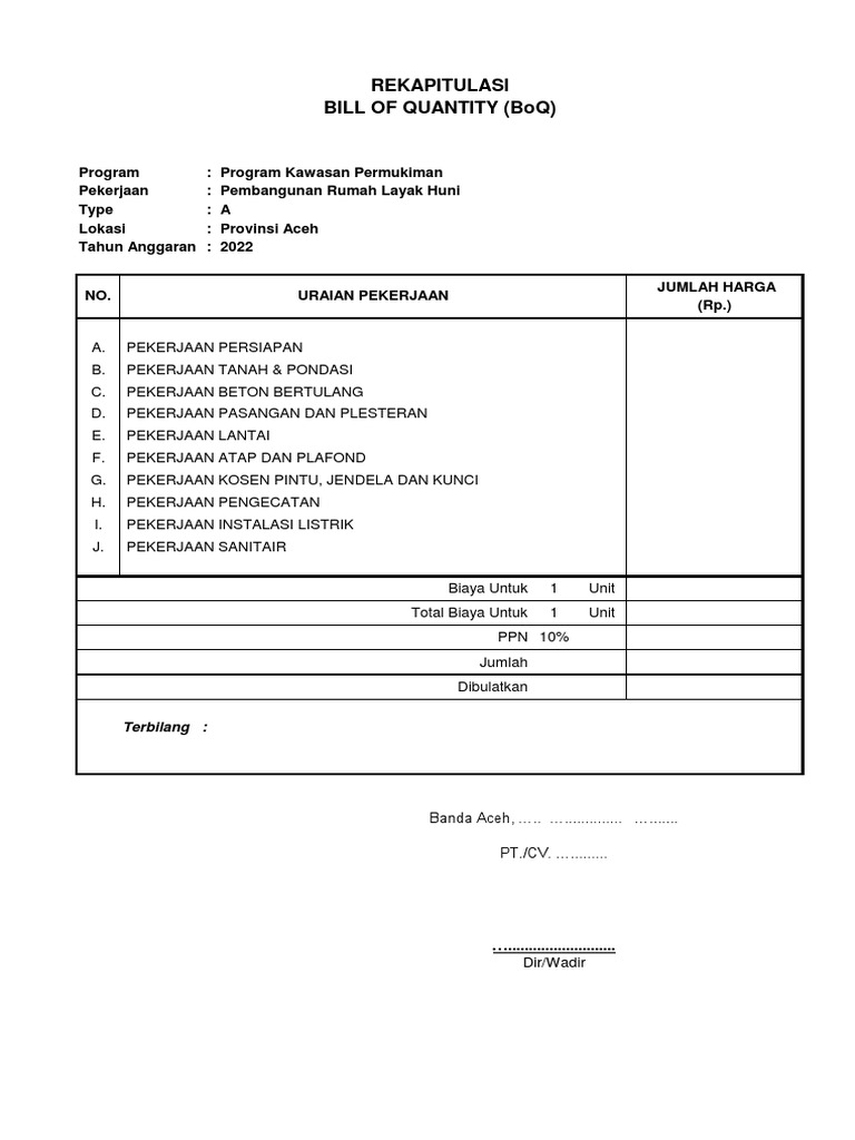 BoQ RLH 2022 (Type A) Provinsi Aceh Nov 2021 Final | PDF | Griya & Taman
