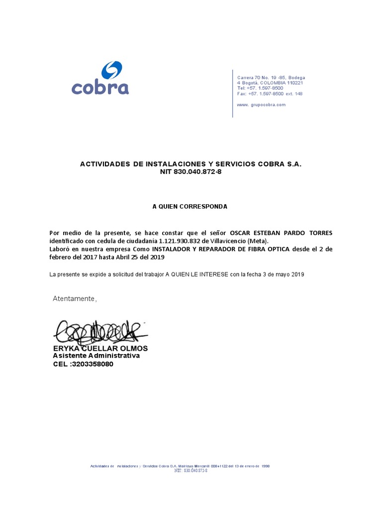 Certificacion Cobra | PDF
