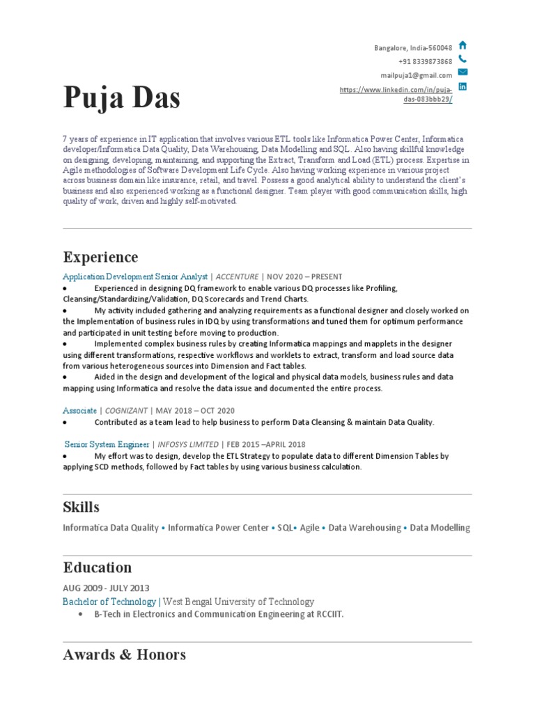 Puja Das Resume | PDF | Data Quality | Data Management