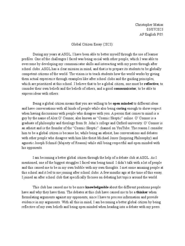 Global Citizen Essay Christopher Matias 2023 | PDF