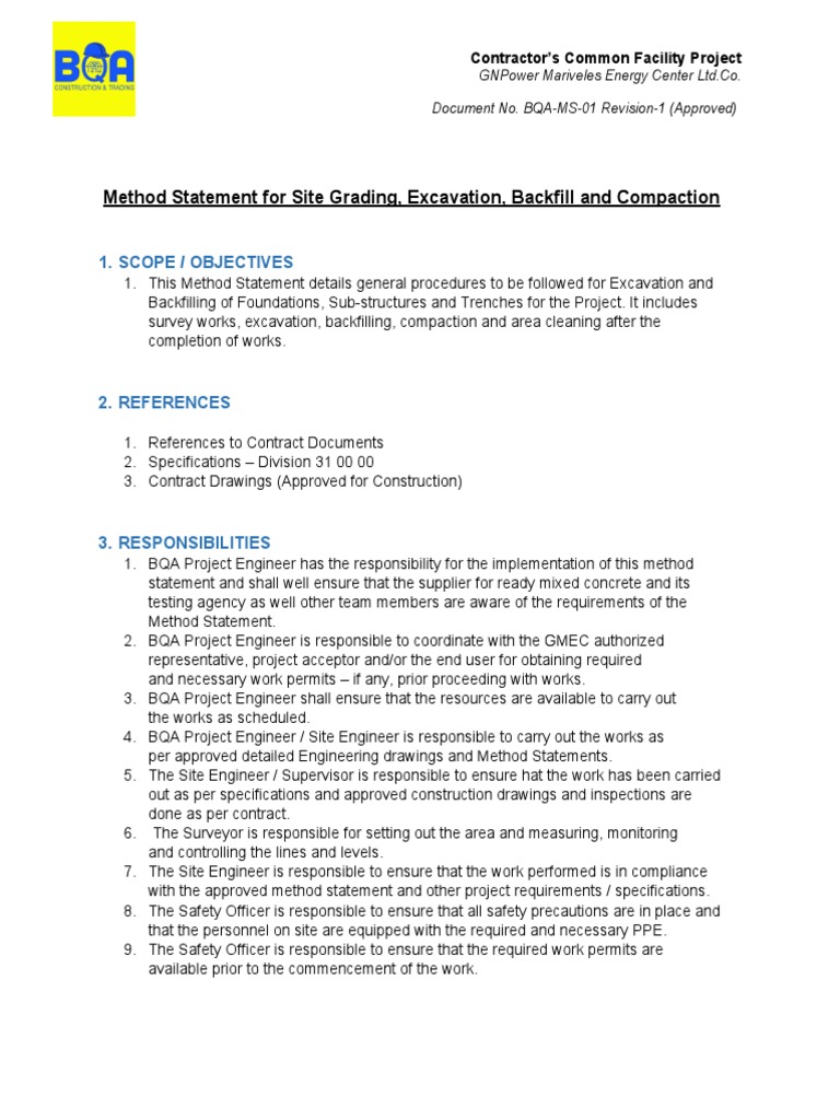 BQA-01 Method Statement For Site Grading & Excavation - REV-1 Approved ...