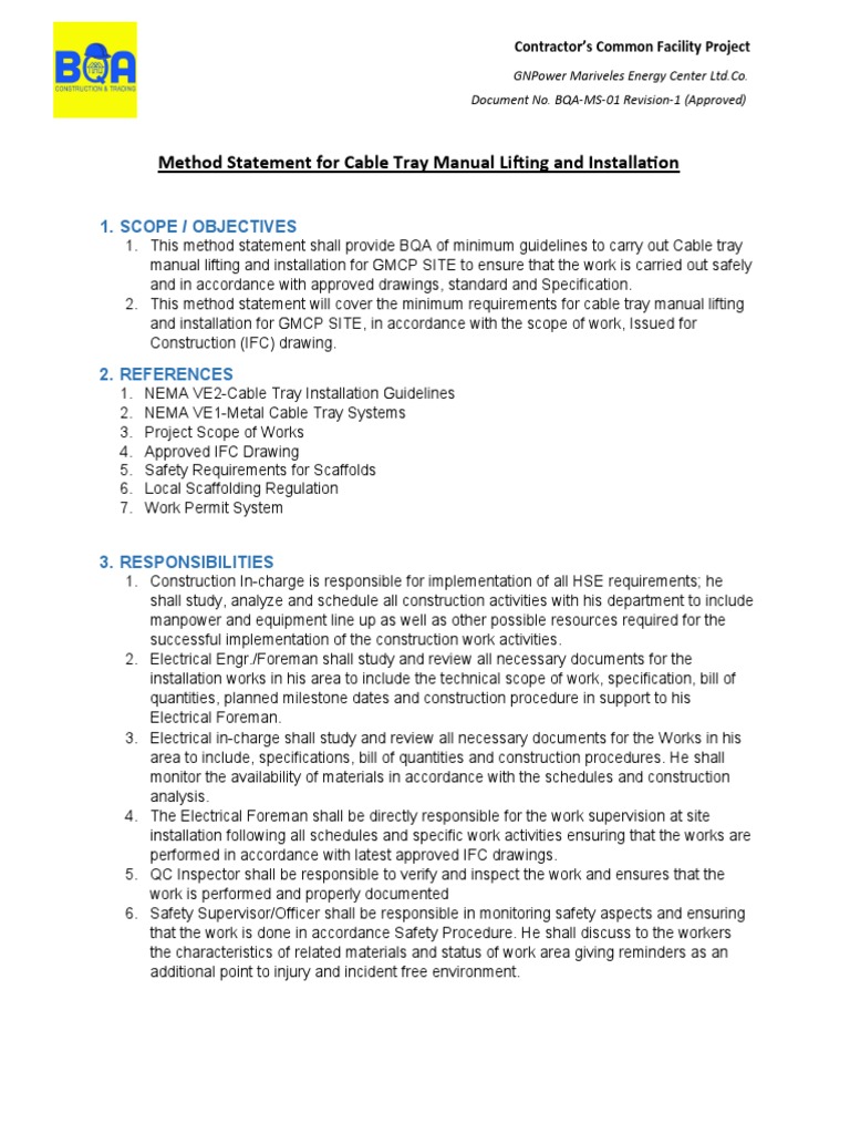 Method Statement For Cable Tray Manual Lifting and Installation ...