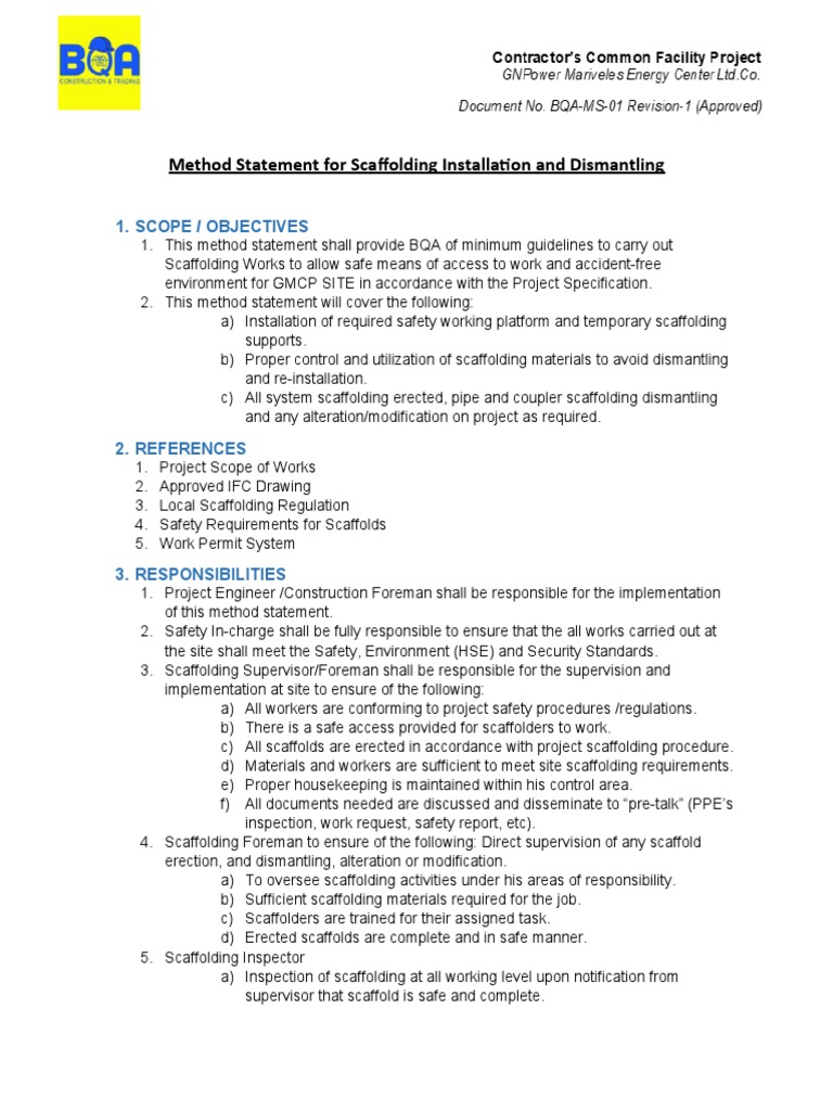 Scaffold Installation and Dismantling Method Statement | PDF | Scaffolding | Manufactured Goods