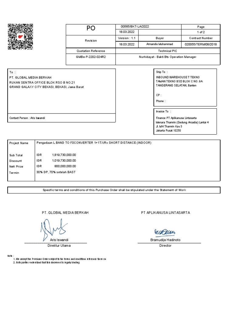 PO - Lintasarta - 00565 BKT LA 2022 | PDF | Business | Consent