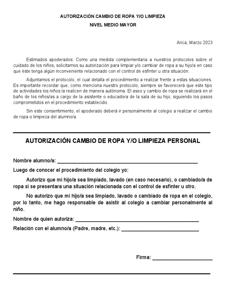 Autorización Cambio de Ropa y | PDF