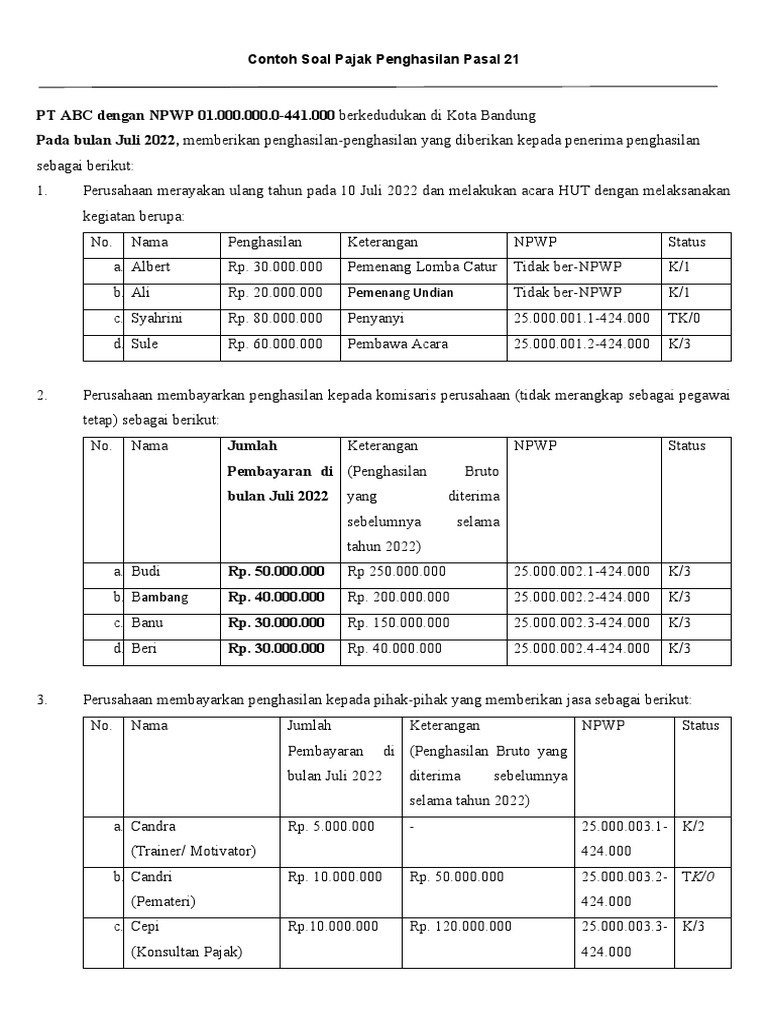Contoh Soal Untuk Pengisian SPT PPH Pasal 21 Dan Jawaban | PDF