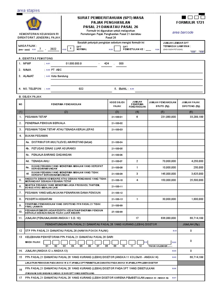 Contoh Pengisian SPT PPh 21 | PDF