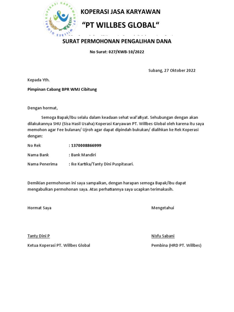 SURAT PERMOHONAN PENGALIHAN DANA | PDF