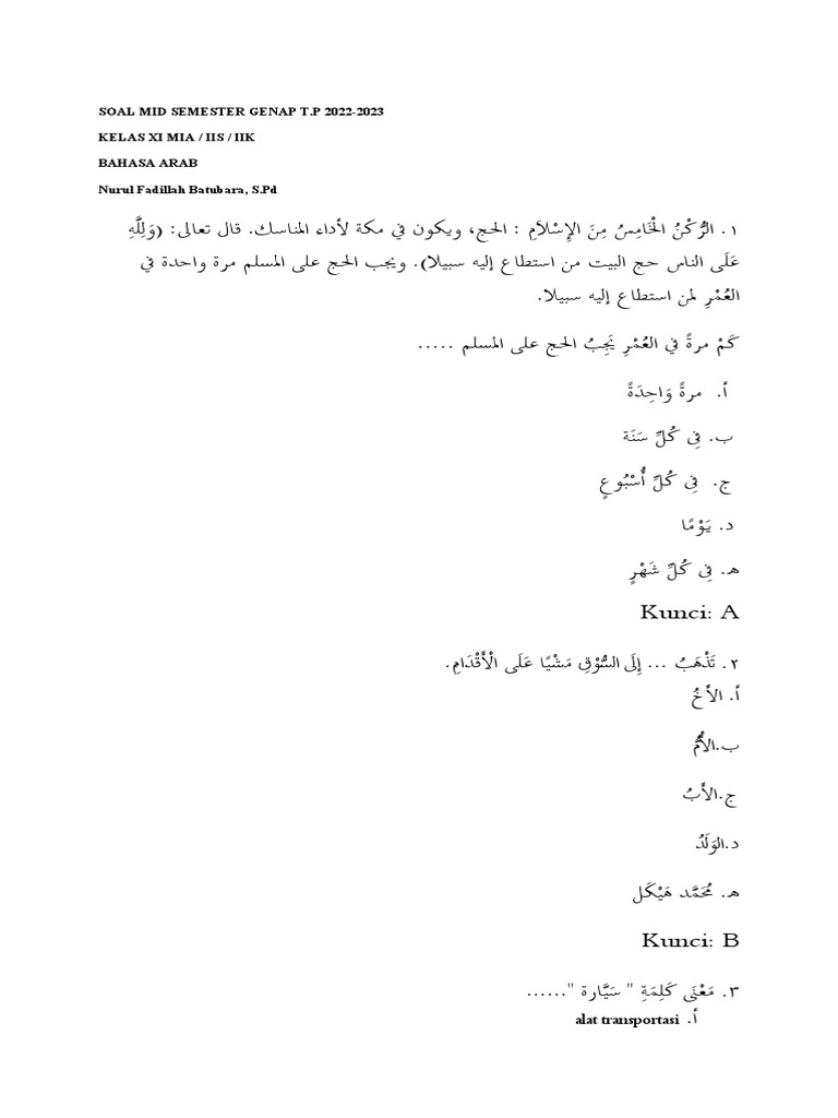 B.ARAB KLS XI MID SEM GENAP KLS XI TP 2022-23 Nurul F 35 Soal | PDF