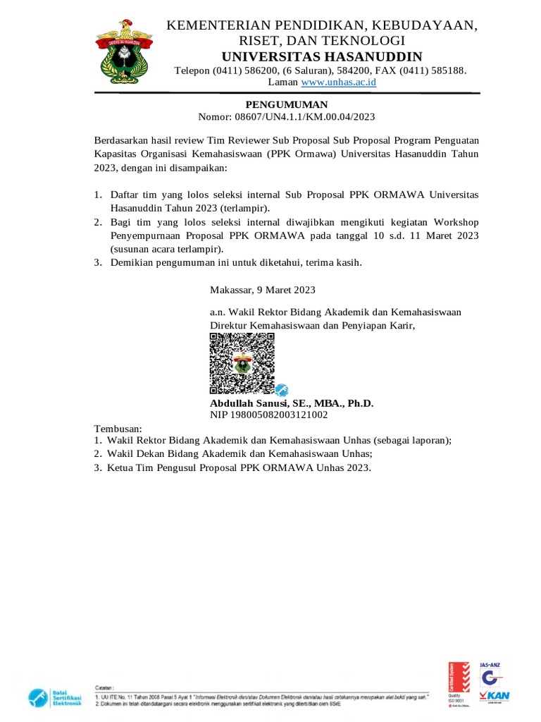 Pengumuman Seleksi Internal Sub Proposal PPK ORMAWA 2023 PDF | PDF