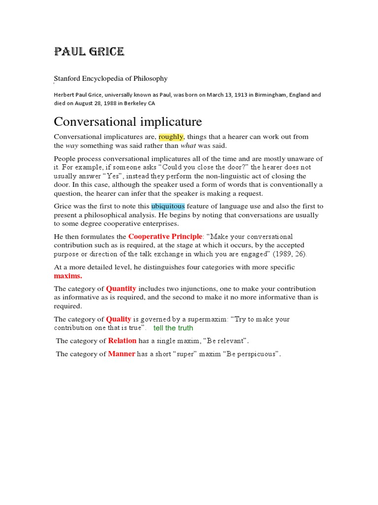 An Introduction to Paul Grice and his Foundational Work on Conversational Implicature | PDF