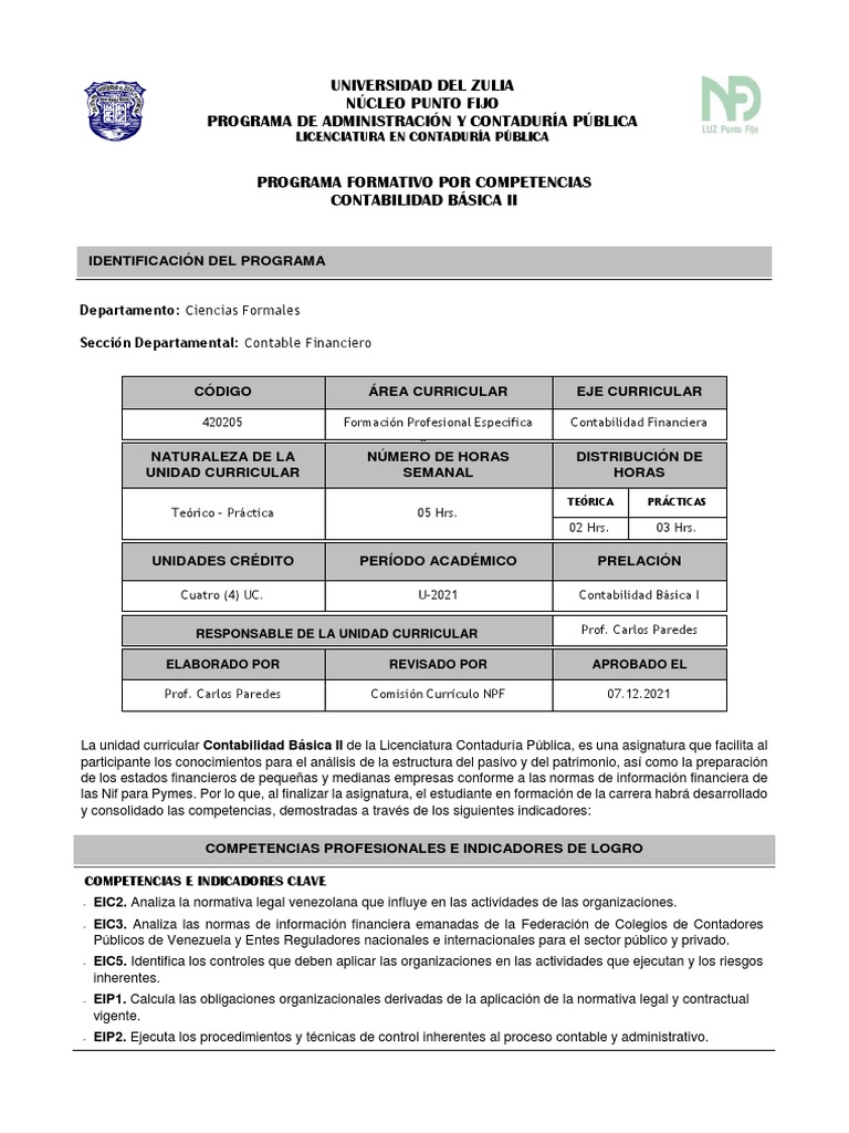 1 Sinoptico Del Programa Formativo Contabilidad Basica Ii U-2021 PDF | PDF | Contador | Contabilidad