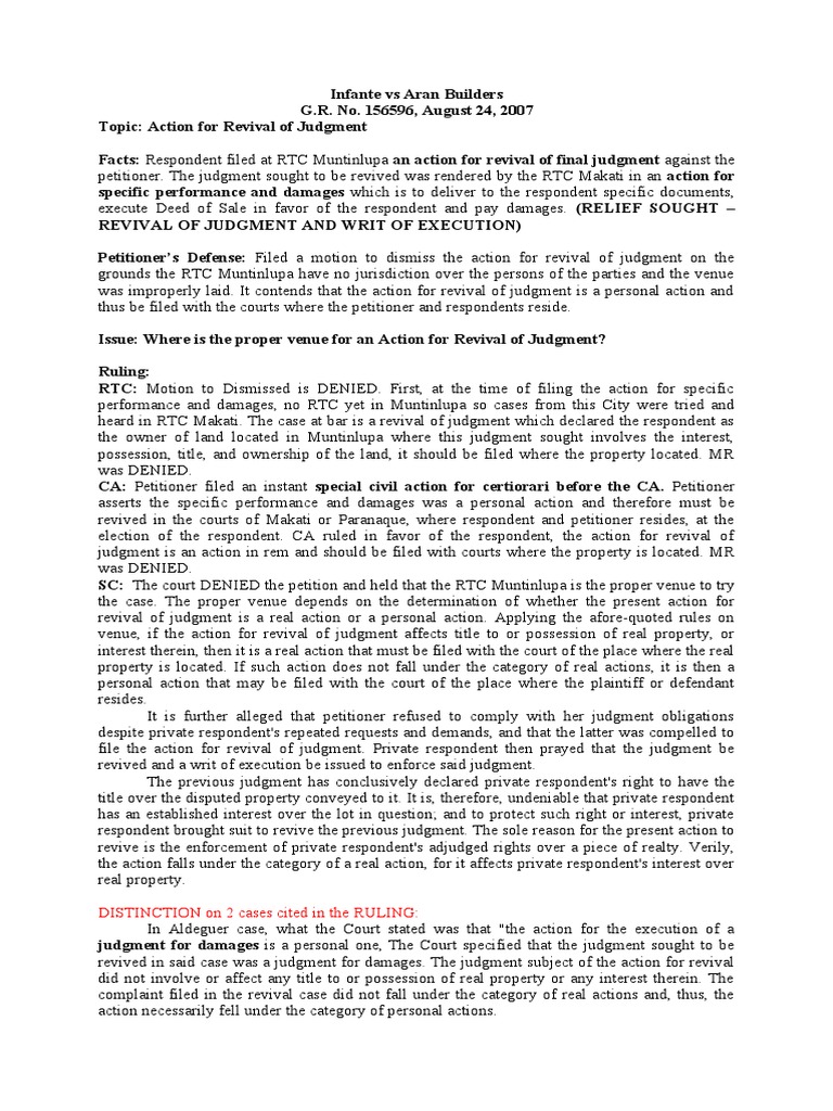 Infante Vs Aran Builders | PDF | Judgment (Law) | Lawsuit