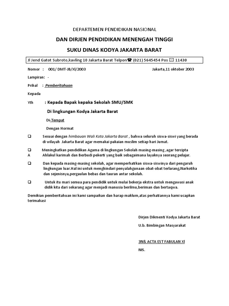 Dan Dirjen Pendidikan Menengah Tinggi Suku Dinas Kodya Jakarta Barat | PDF