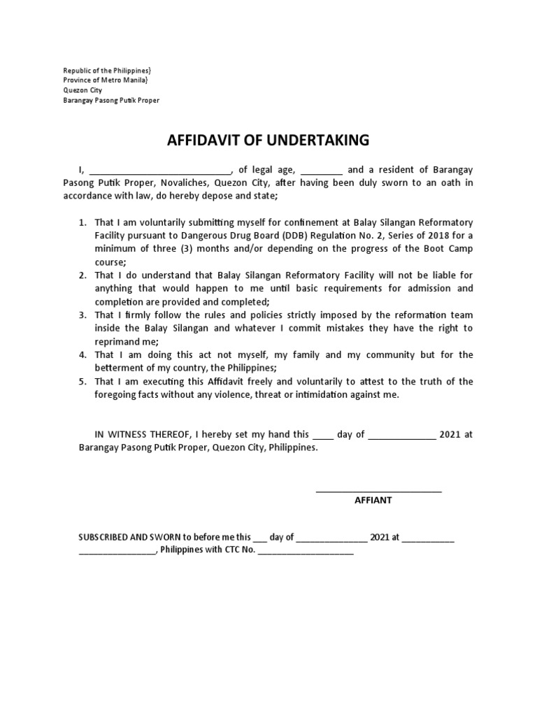 Affidavit Undertaking For Barangay Drug Clearing | PDF | Social Science ...