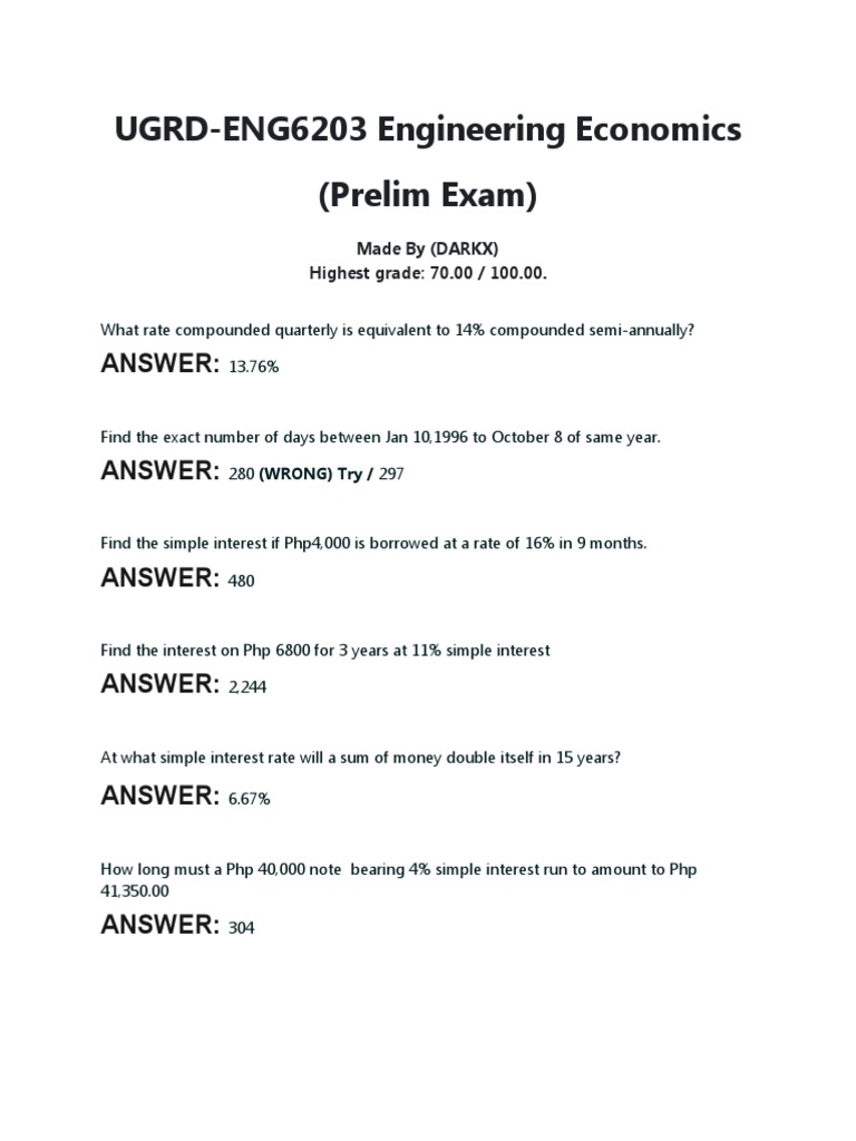 Engineering Economics Prelim Exam Solutions | PDF | Interest | Present ...