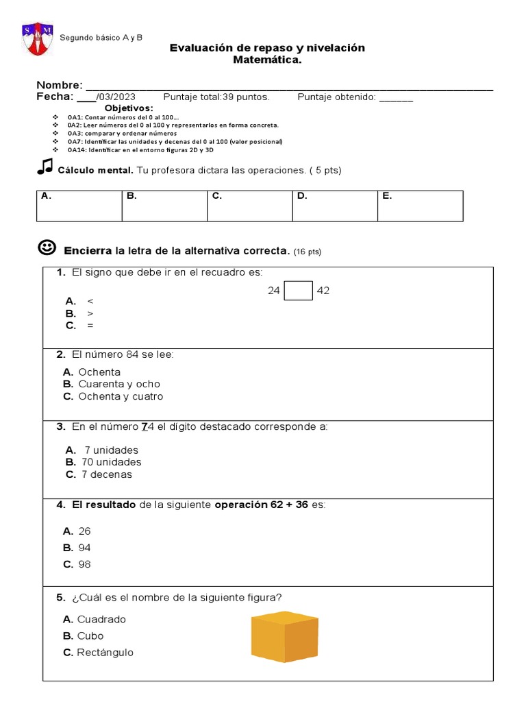 Prueba de Nivelación Matematica 2° Basico | PDF