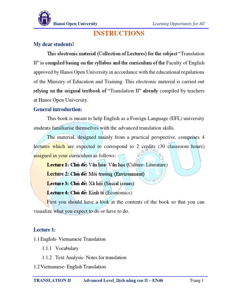 EN46 - HDH - Dịch Nâng Cao II PDF | PDF | English As A Second Or Foreign Language | Curriculum
