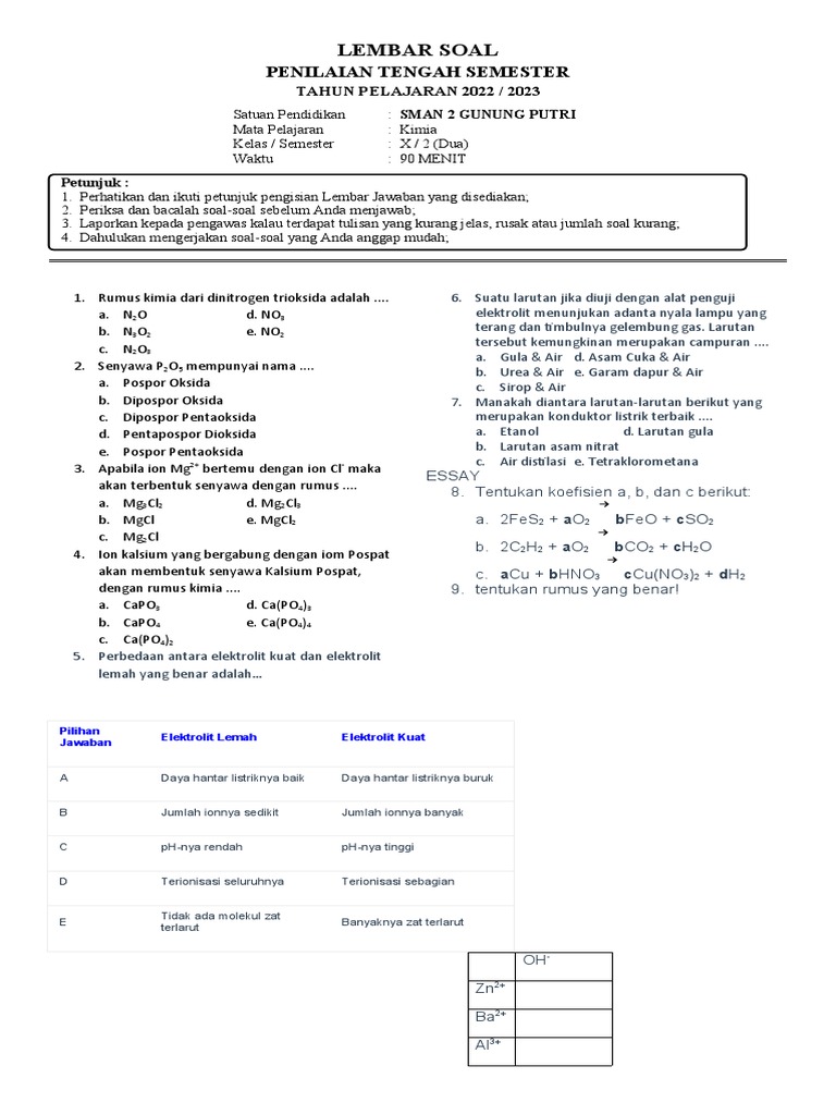 LEMBAR SOAL Pts Kimia Semester 2 Kelas 10 | PDF