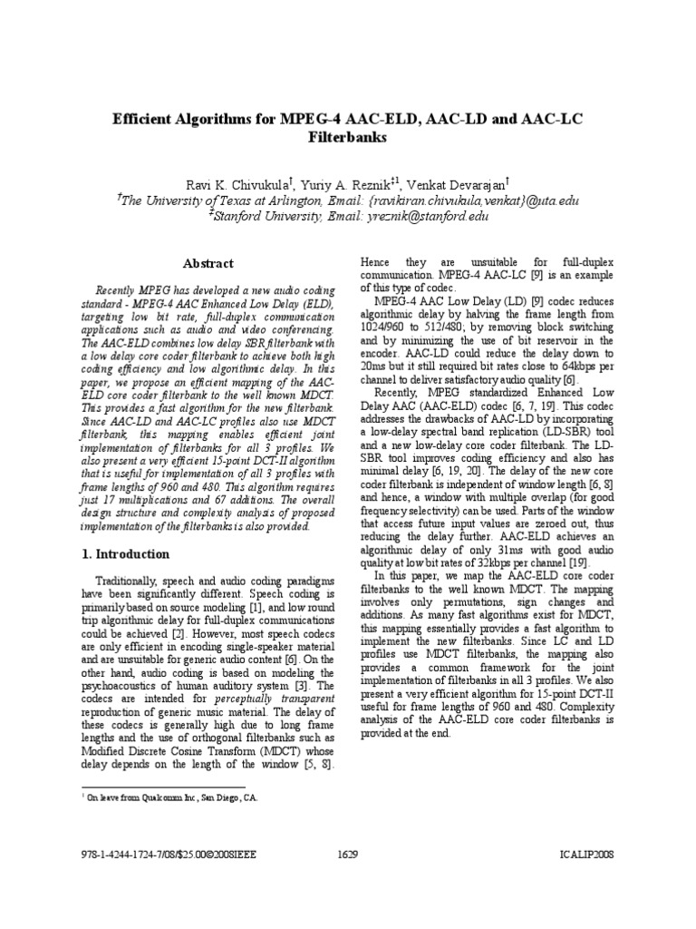 Efficient Algorithms For MPEG-4 AAC-ELD, AAC-LD and AAC-LC Filterbanks | PDF | Discrete Fourier ...