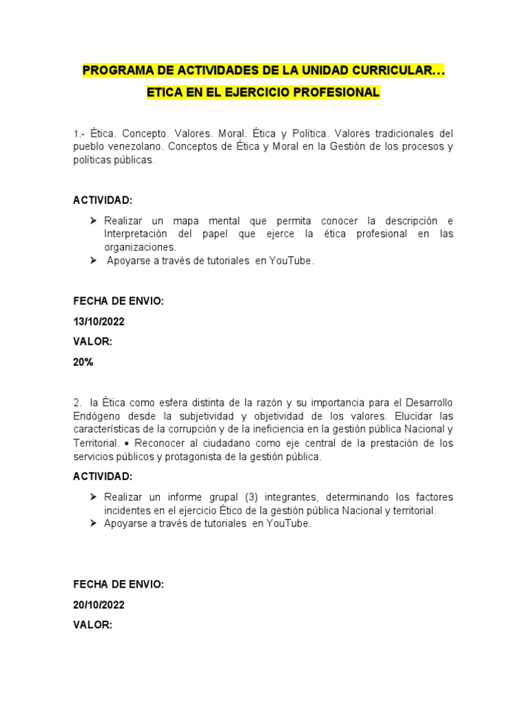 Programa de Actividades de La Unidad Curricular Etica en El Ejercicio Profesonal | PDF ...