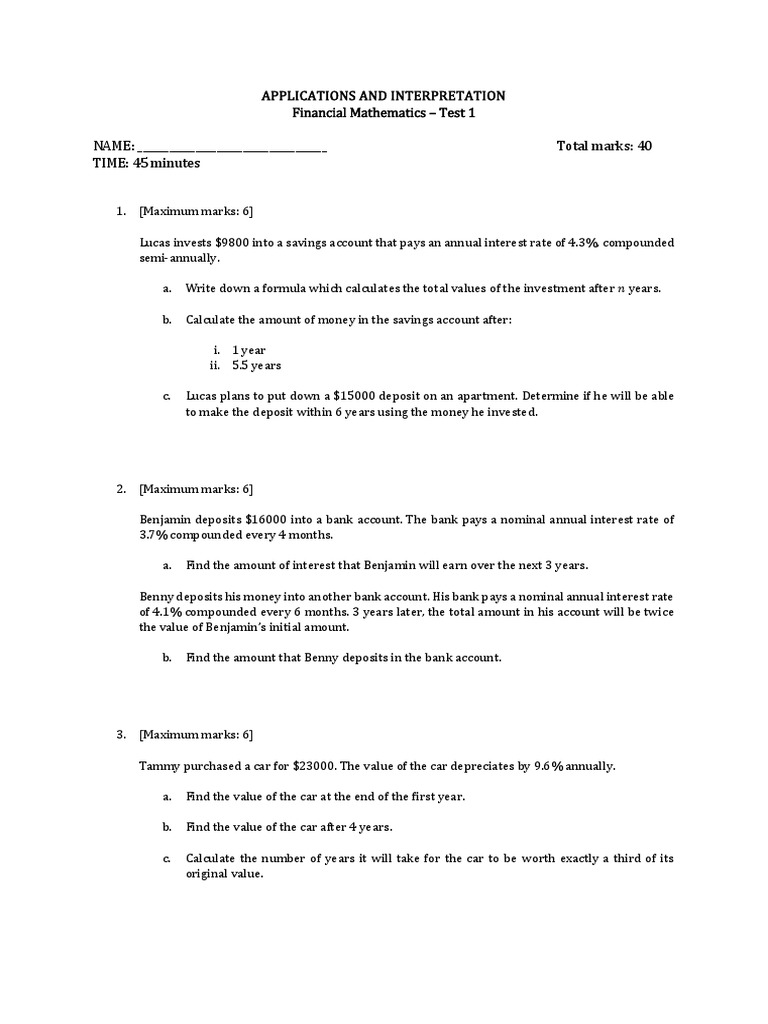 Financial Math Test for Students | PDF | Interest | Mortgage Loan