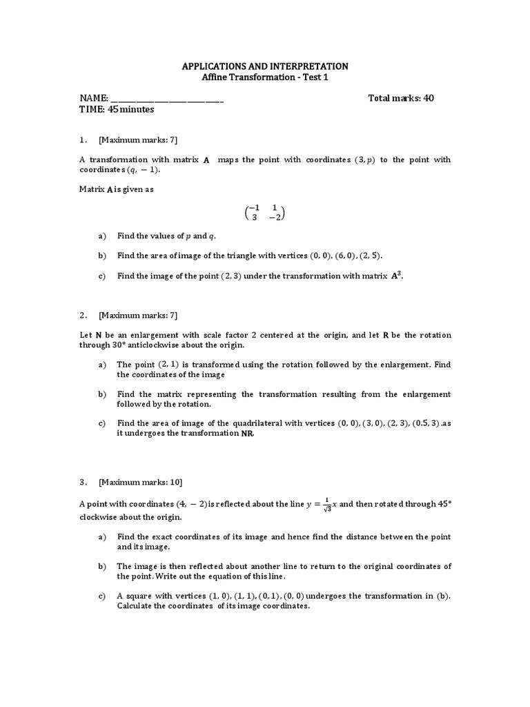 Affine Transformation Test Overview | PDF | Area | Matrix (Mathematics)