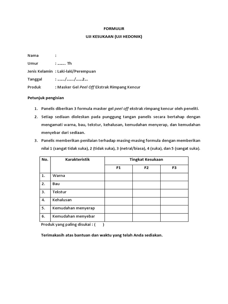 Formulir Uji Hedonik | PDF