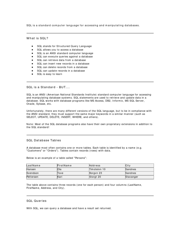 Sql Is A Standard Computer Language For Accessing And Manipulating Databases Pdf Sql 