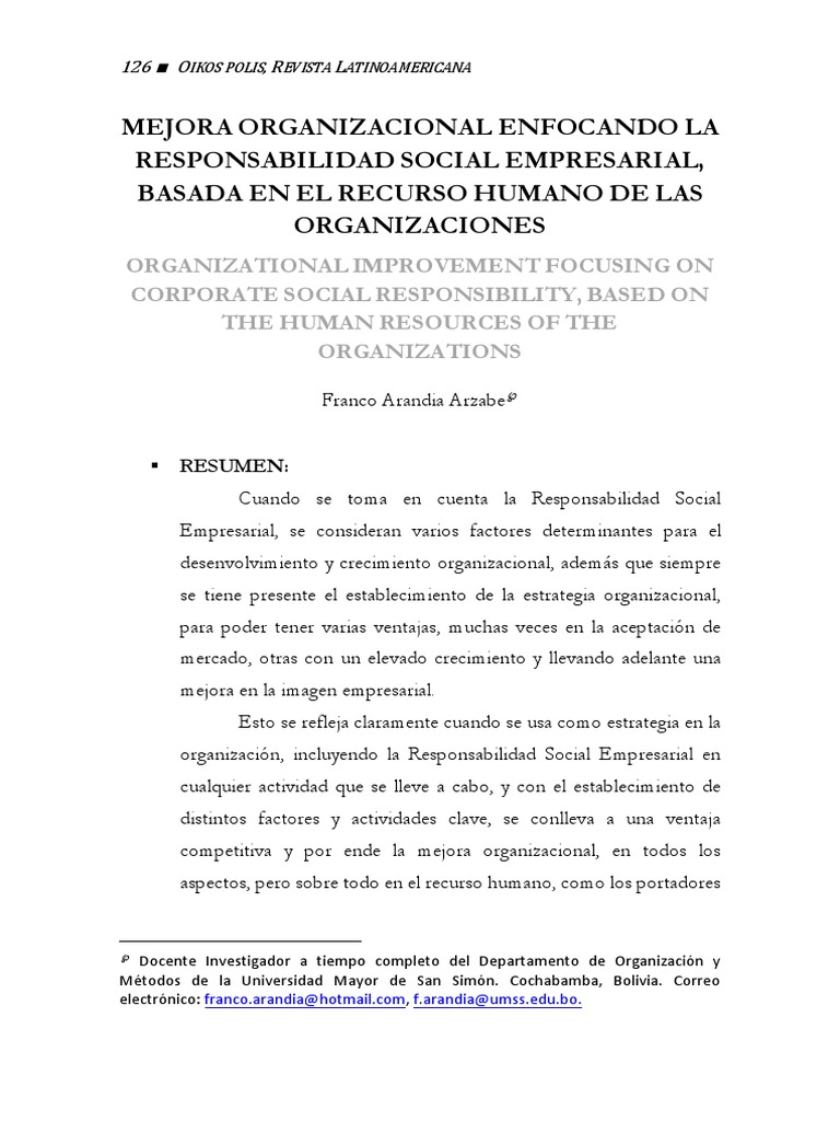 Mejora Organizacional Enfocando LA Responsabilidad Social Empresarial, Basada EN EL Recurso ...