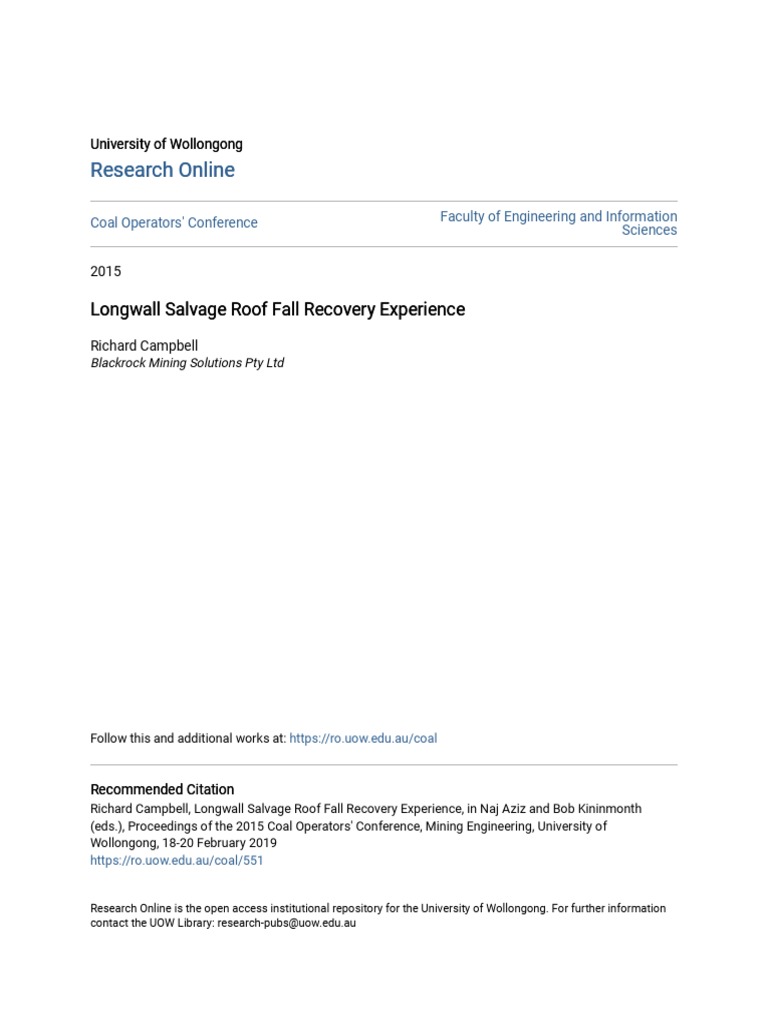 Longwall Salvage Roof Fall Recovery Experience PDF | PDF | Mining ...