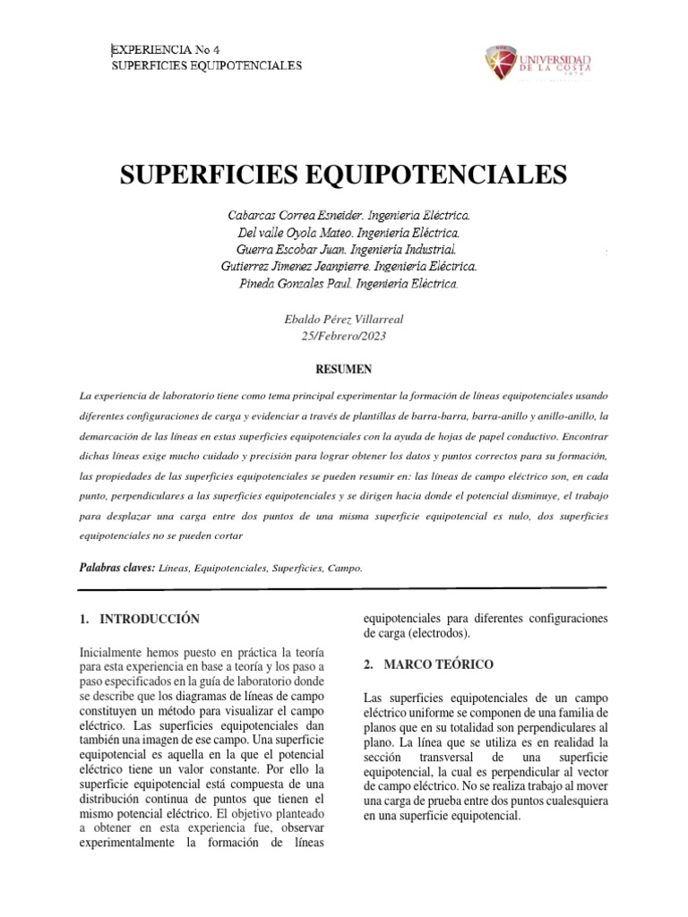 INFORME DE LABORATORIO - SUPERFICIES EQUIPOTENCIALES | PDF | Campo eléctrico | voltaje