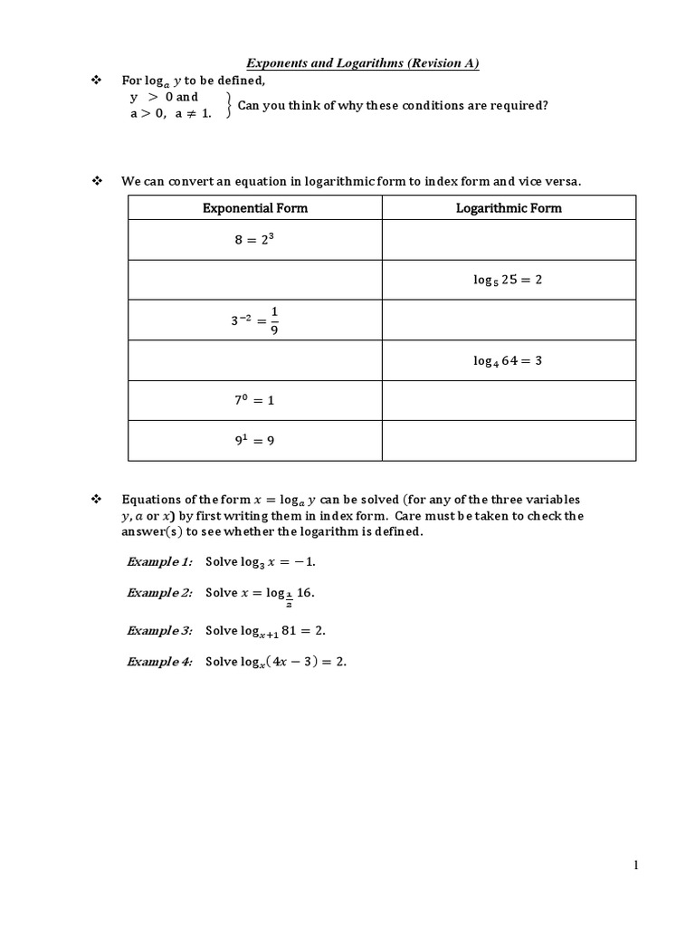 Exponential Logarithmic Functions Equations Revision A Pdf Logarithm Mathematics