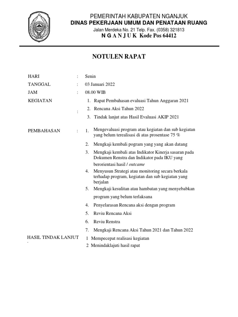 Notulen Rapat: Dinas Pekerjaan Umum Dan Penataan Ruang Nganjuk ...