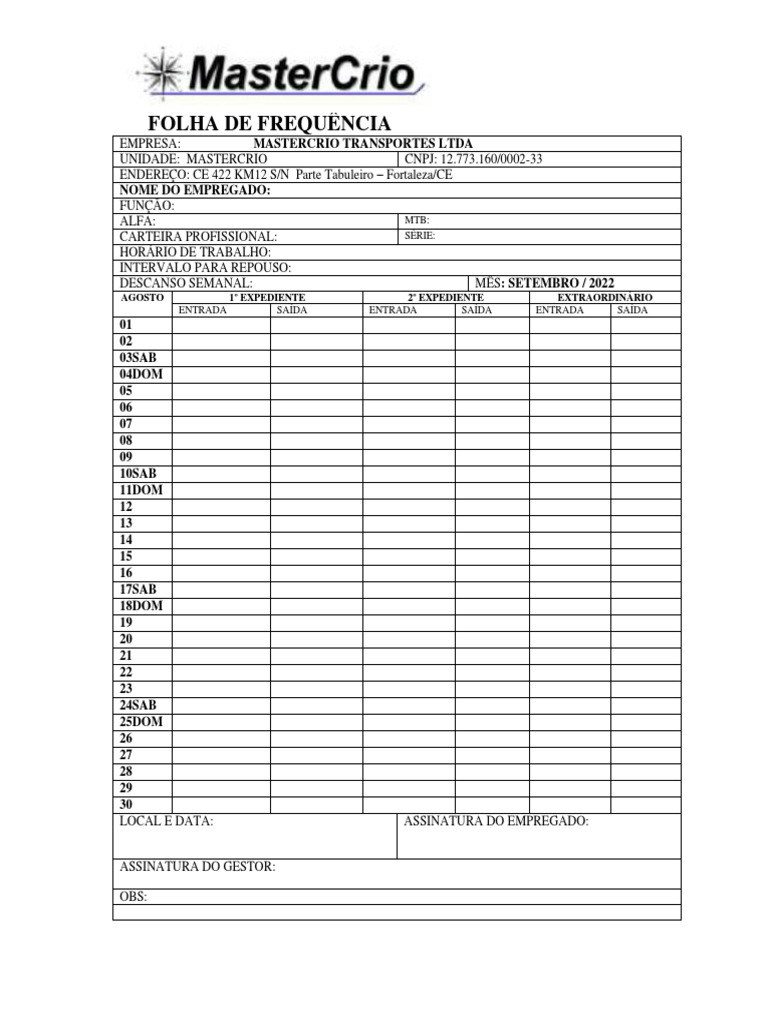 Folha de Ponto Manual SETEMBRO | PDF